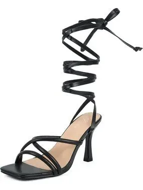 Shoes | Womens Black Tie Up Stiletto Heels Square Open Toe Sandals For ...